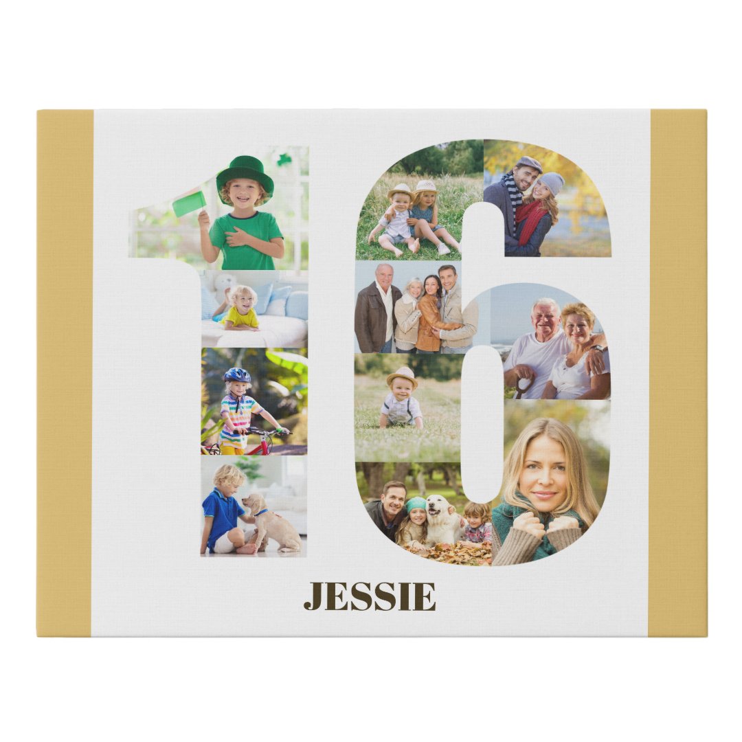 Photo Collage Number 16 Neutral 16th Birthday Faux Canvas Print | Zazzle