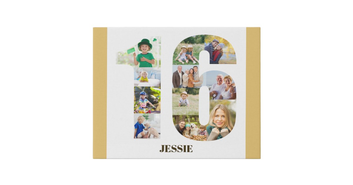 Photo Collage Number 16 Neutral 16th Birthday Faux Canvas Print | Zazzle