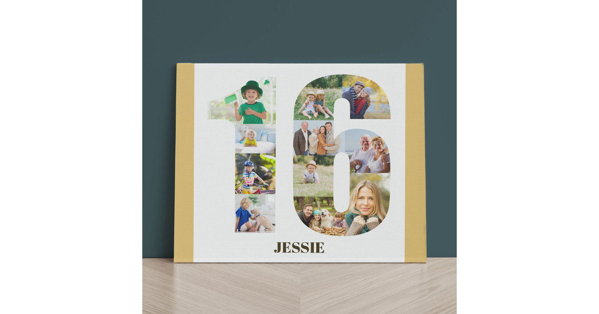 Photo Collage Number 16 Neutral 16th Birthday Faux Canvas Print | Zazzle