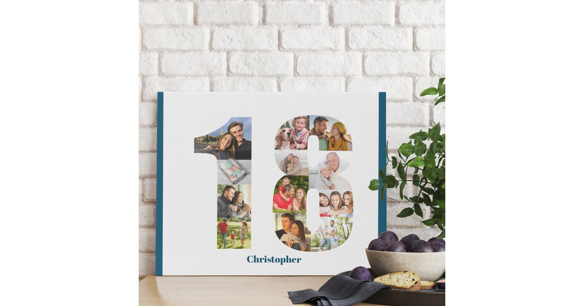 Photo Collage Number 18 Custom 18th Birthday Faux Canvas Print | Zazzle