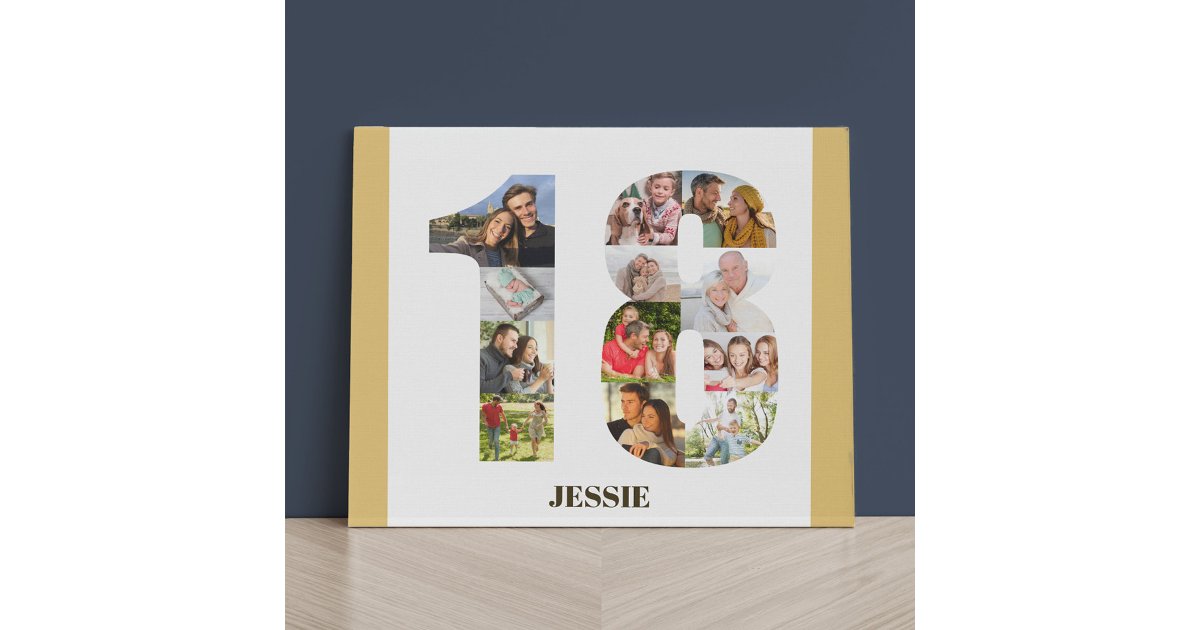Photo Collage Number 18 Neutral 18th Birthday Faux Canvas Print | Zazzle
