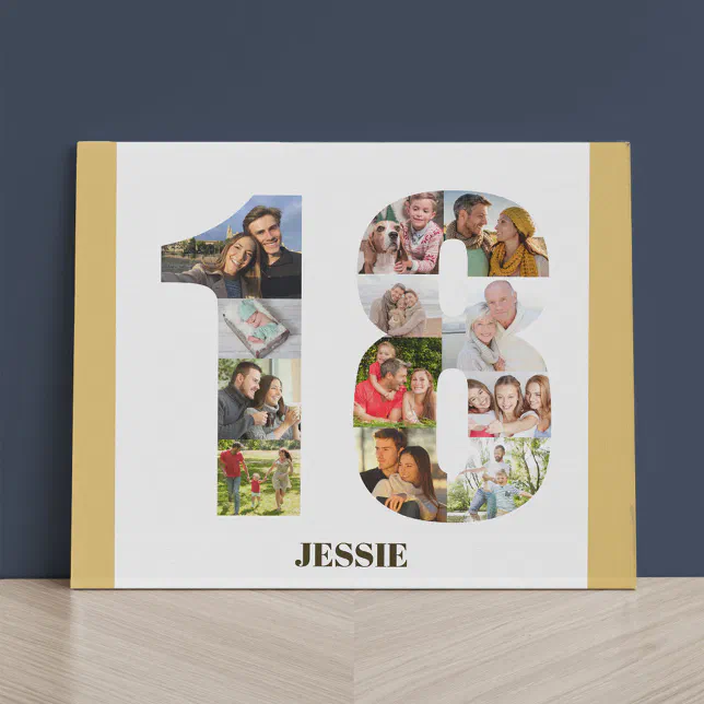 Photo Collage Number 18 Neutral 18th Birthday Faux Canvas Print | Zazzle