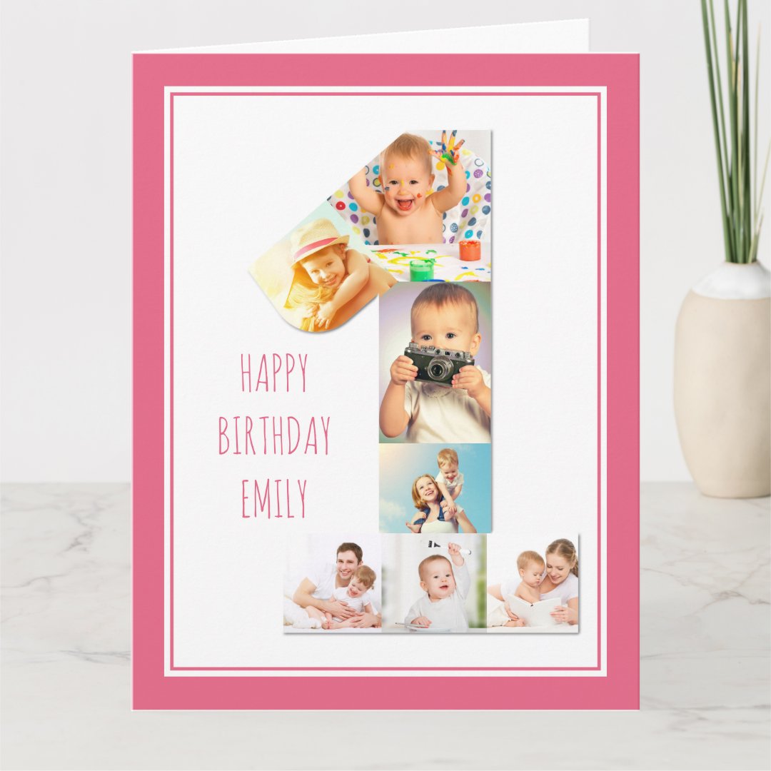 Photo Collage Number 1 Girl's First Birthday Card | Zazzle