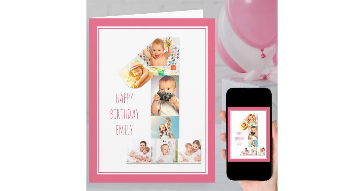 Photo Collage Number 1 Girl's First Birthday Card | Zazzle