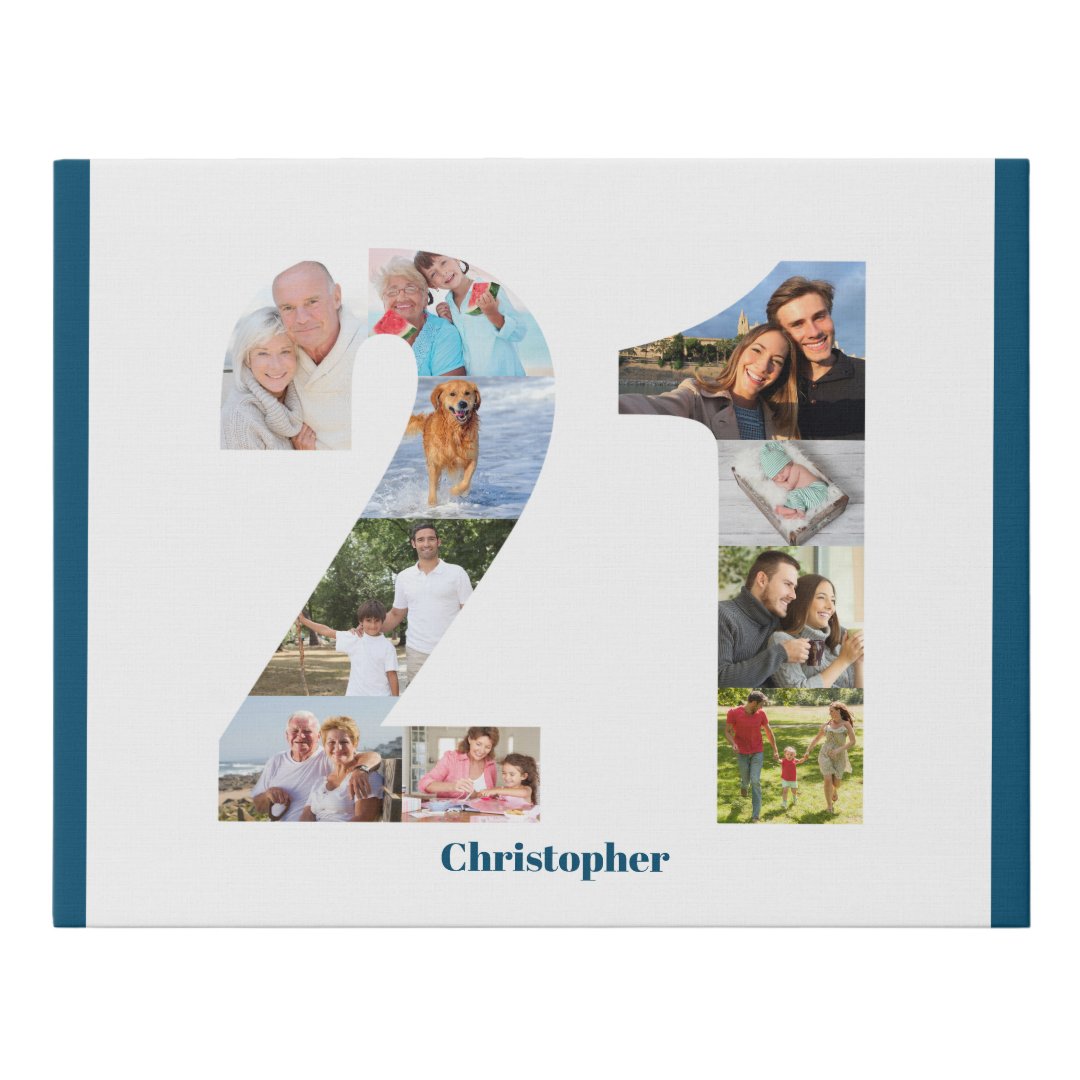 Photo Collage Number 21 Custom 21st Birthday Faux Canvas Print | Zazzle