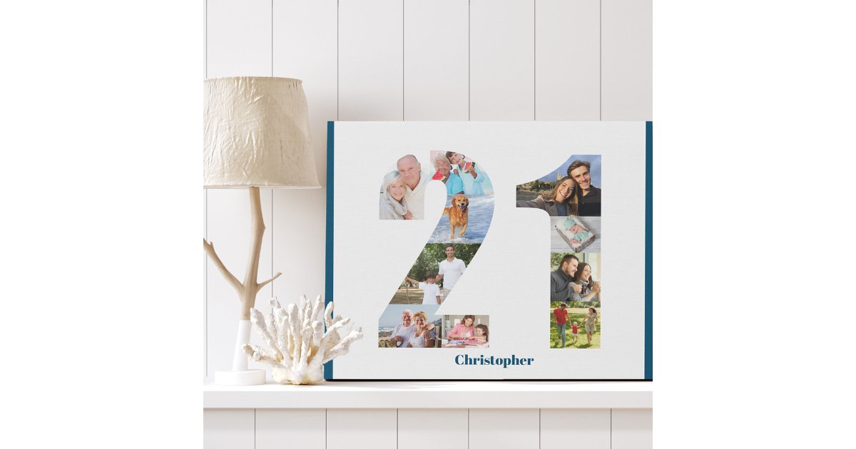 Photo Collage Number 21 Custom 21st Birthday Faux Canvas Print | Zazzle