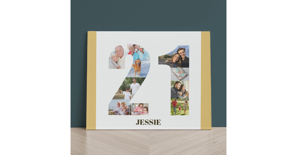 Photo Collage Number 21 Neutral 21st Birthday Faux Canvas Print | Zazzle