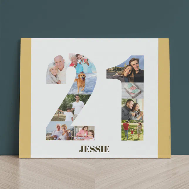 Photo Collage Number 21 Neutral 21st Birthday Faux Canvas Print | Zazzle