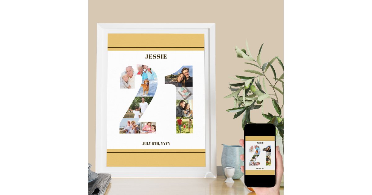 Photo Collage Number 21 Neutral 21st Birthday Poster | Zazzle
