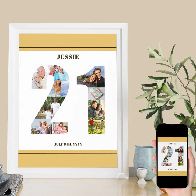 Photo Collage Number 21 Neutral 21st Birthday Poster | Zazzle