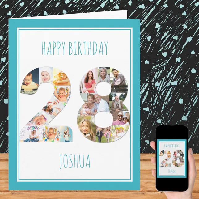 Photo Collage Number 28 Blue 28th Birthday Card | Zazzle