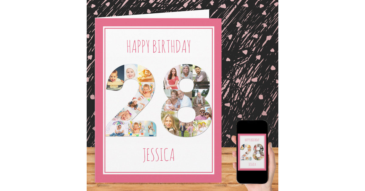 Photo Collage Number 28 Pink 28th Birthday Card | Zazzle