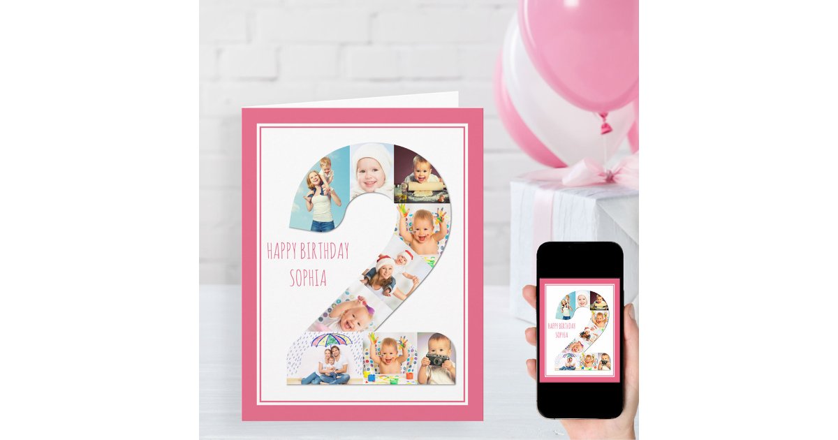 Photo Collage Number 2 Girl's 2nd Birthday Card | Zazzle