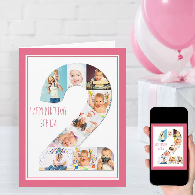 Photo Collage Number 2 Girl's 2nd Birthday Card | Zazzle