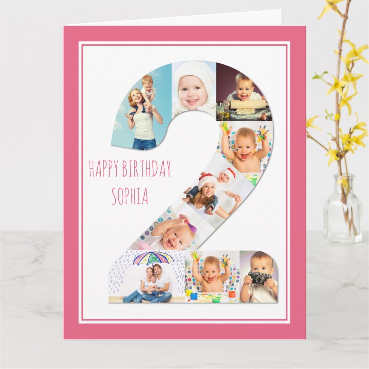 Photo Collage Number 2 Girl's 2nd Birthday Card | Zazzle