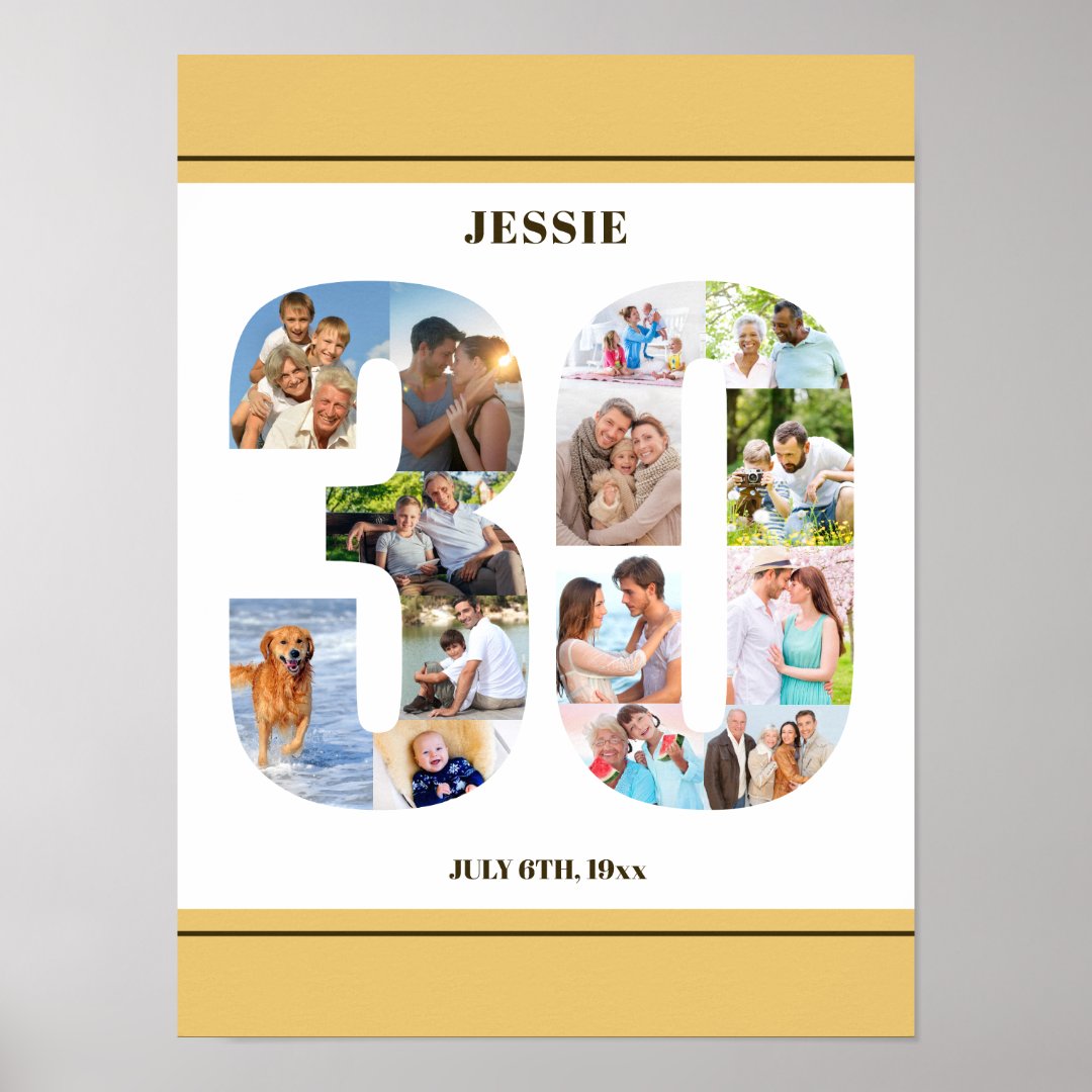 Photo Collage Number 30 Neutral 30th Birthday Poster | Zazzle
