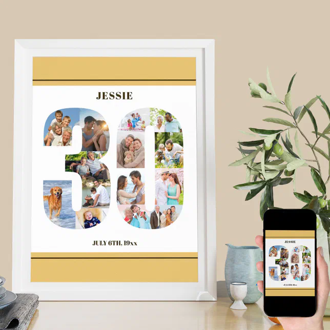 Photo Collage Number 30 Neutral 30th Birthday Poster | Zazzle