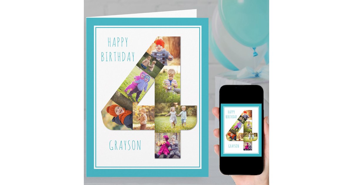 Photo Collage Number 4 Boy's 4th Birthday Card | Zazzle
