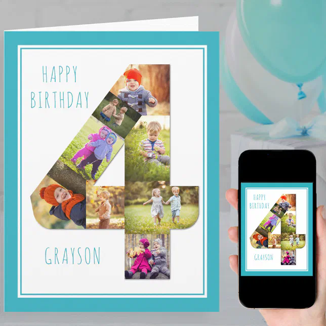 Photo Collage Number 4 Boy's 4th Birthday Card | Zazzle