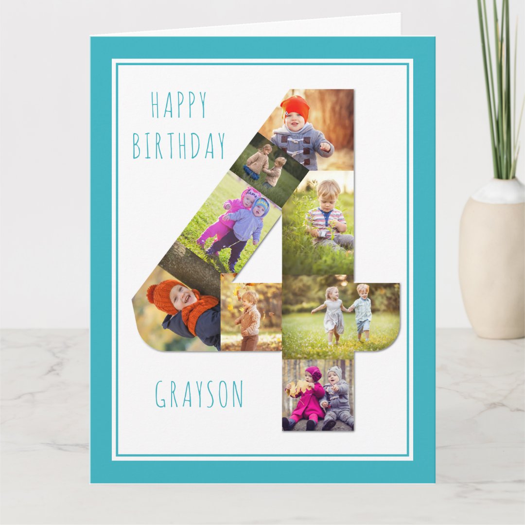 Photo Collage Number 4 Boy's 4th Birthday Card | Zazzle
