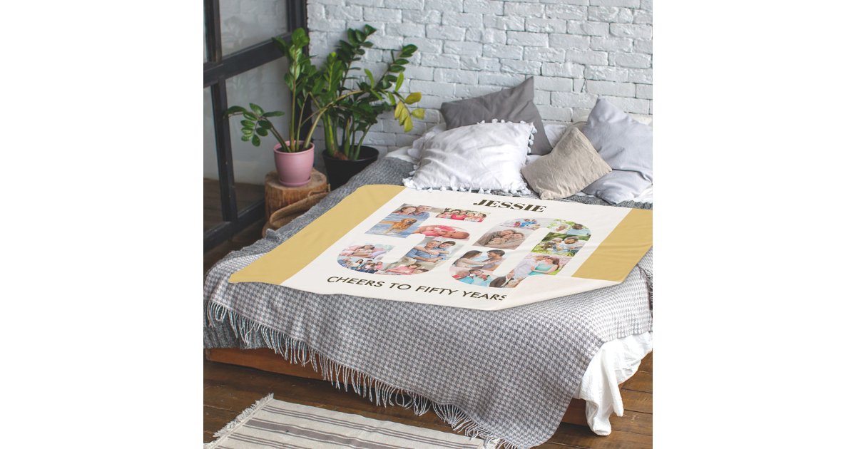 Photo Collage Number 50 Neutral 50th Birthday Sherpa Blanket | Zazzle