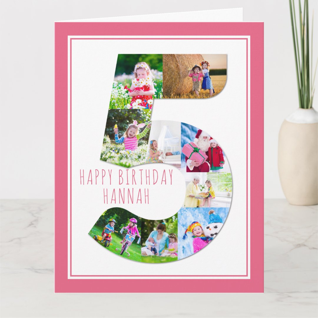 Photo Collage Number 5 Girl's 5th Birthday Card | Zazzle