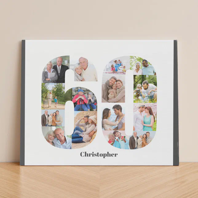 Photo Collage Number 60 Custom 60th Birthday Faux Canvas Print | Zazzle