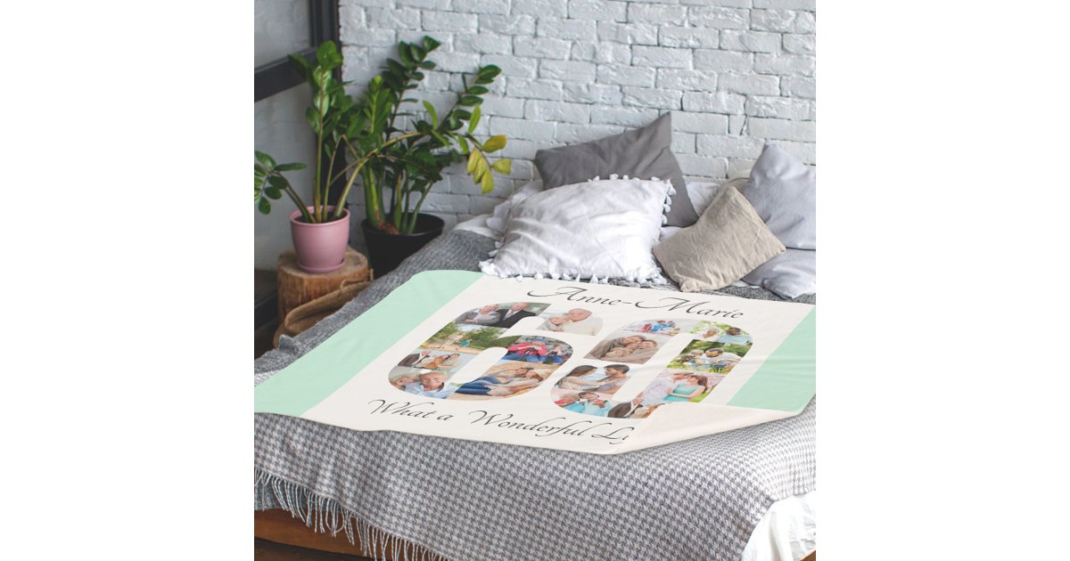 Photo Collage Number 60 Shape Mint 60th Birthday Sherpa Blanket | Zazzle