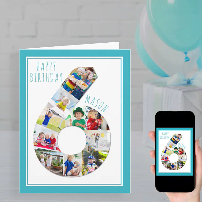 Photo Collage Number 6 Boy's 6th Birthday Card | Zazzle