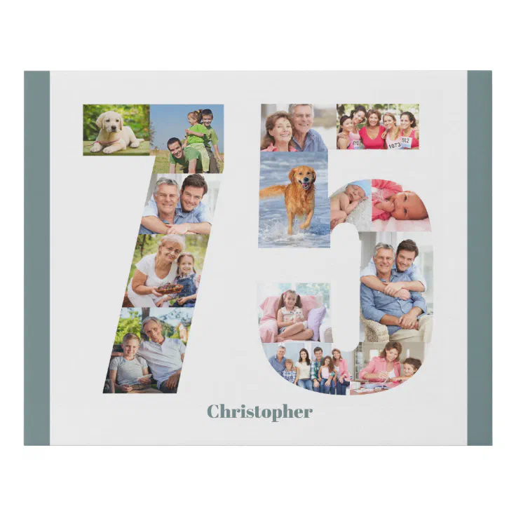 Photo Collage Number 75 Custom 75th Birthday Faux Canvas Print | Zazzle