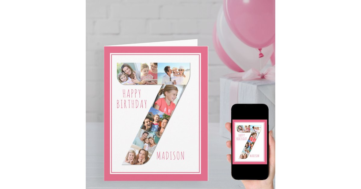 Photo Collage Number 7 Girl's 7th Birthday Card | Zazzle