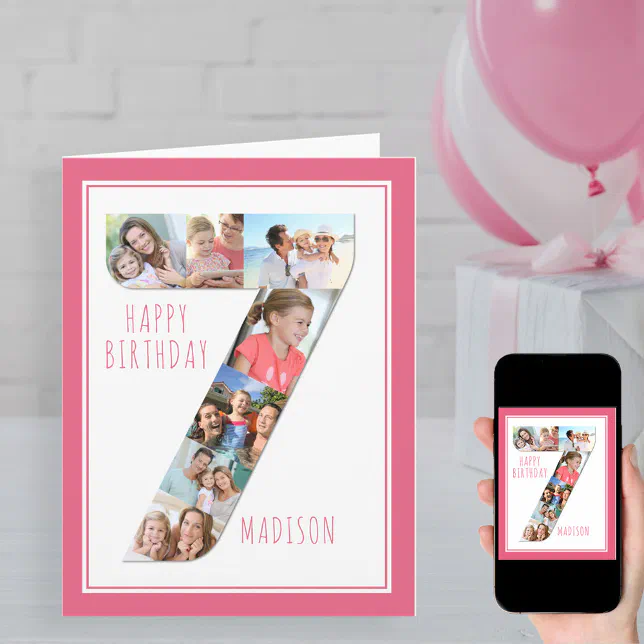 Photo Collage Number 7 Girl's 7th Birthday Card | Zazzle