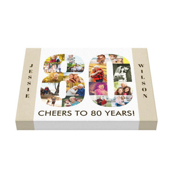 Photo Collage Number 80 Neutral 80th Birthday Canvas Print | Zazzle
