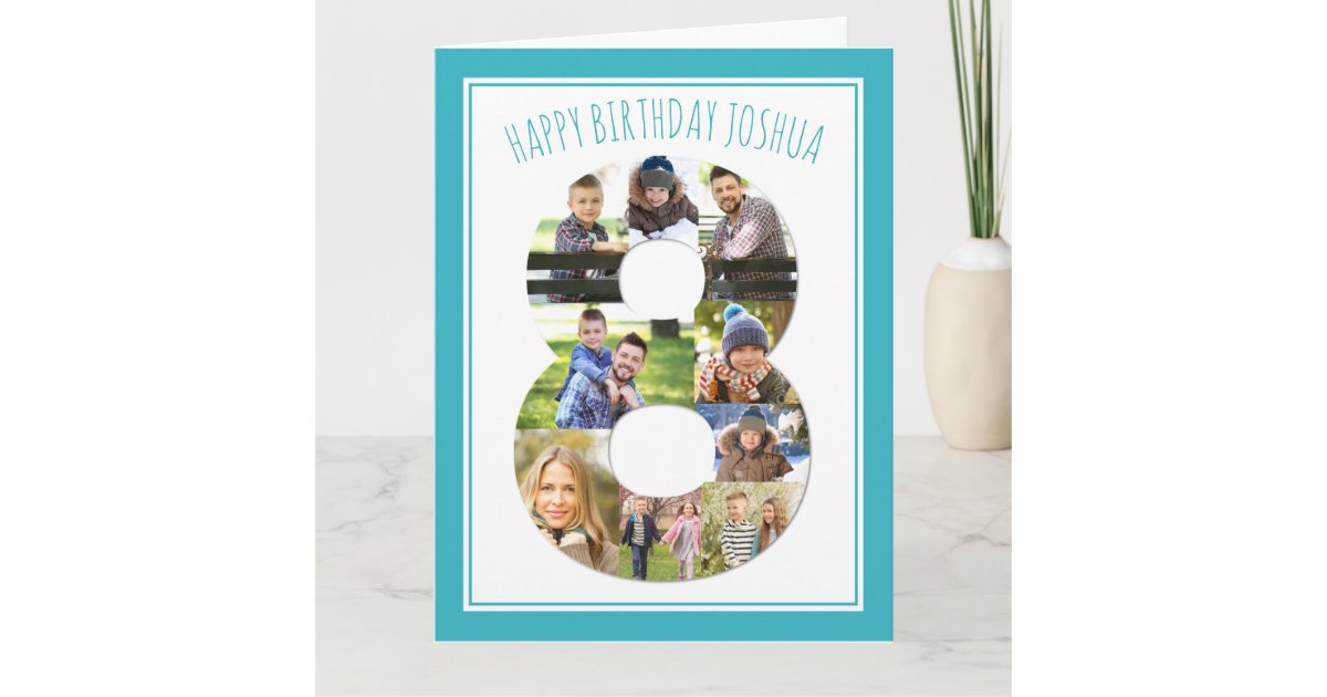 Photo Collage Number 8 Blue 8th Birthday Card | Zazzle