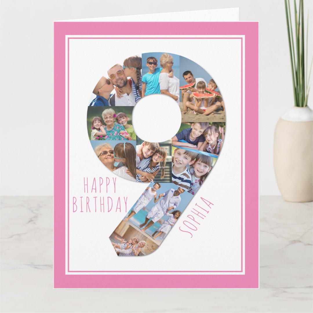 Photo Collage Number 9 Girl's 9th Birthday Card | Zazzle