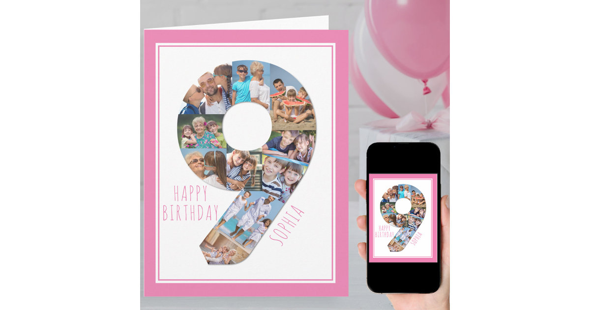Photo Collage Number 9 Girl's 9th Birthday Card | Zazzle