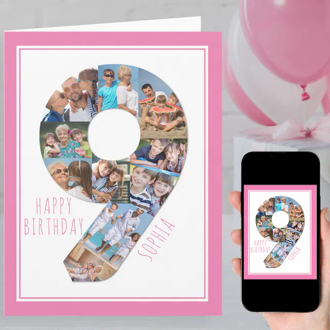 Photo Collage Number 9 Girl's 9th Birthday Card | Zazzle