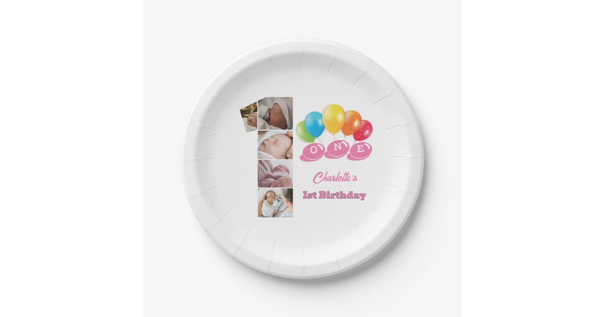 Photo Collage Number One Girl's Name 1st Birthday Paper Plates | Zazzle