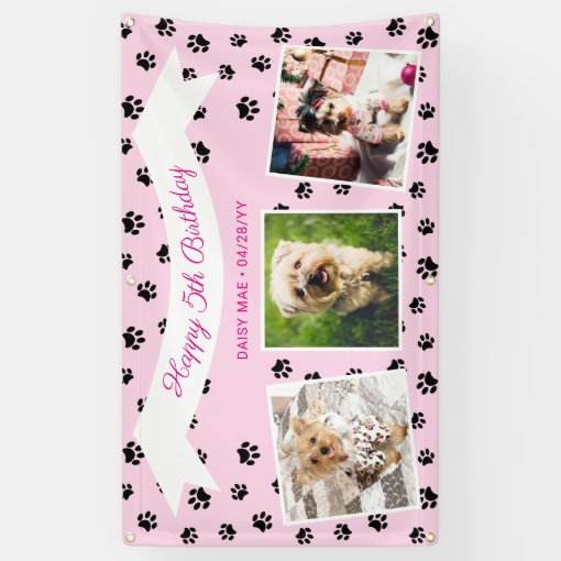 Photo Collage Pink Black Paw Prints Pet Birthday Banner | Zazzle