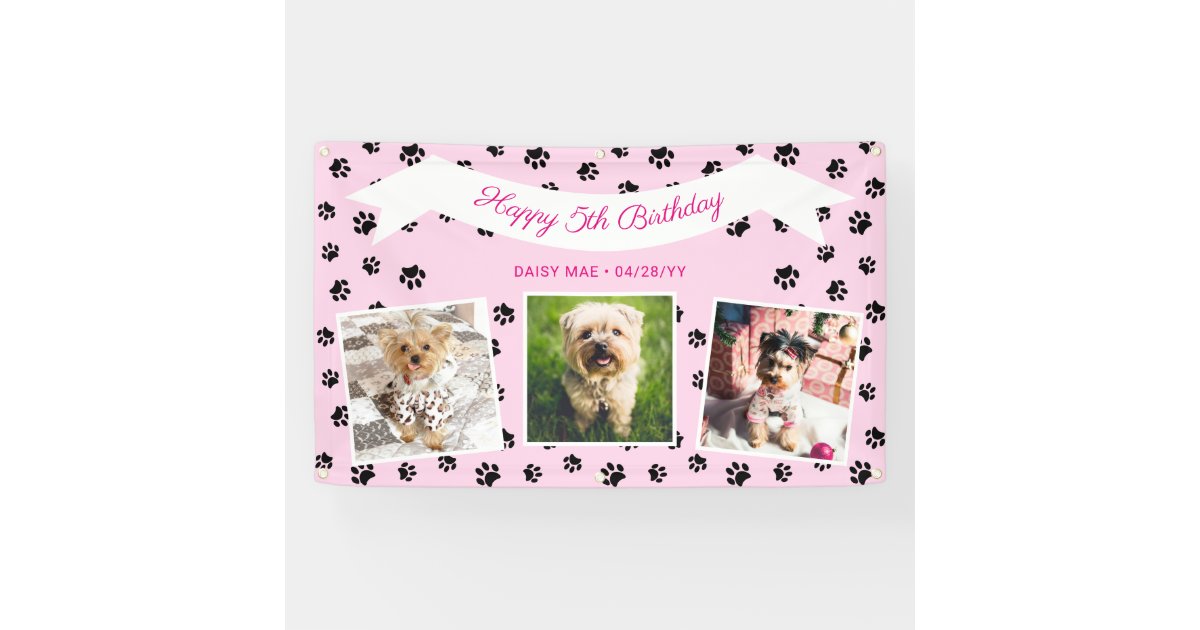 Photo Collage Pink Black Paw Prints Pet Birthday Banner | Zazzle