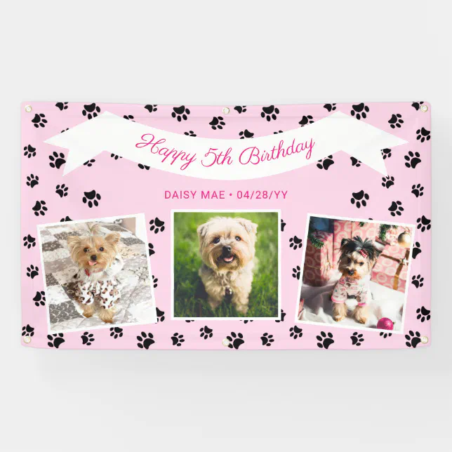 Photo Collage Pink Black Paw Prints Pet Birthday Banner | Zazzle