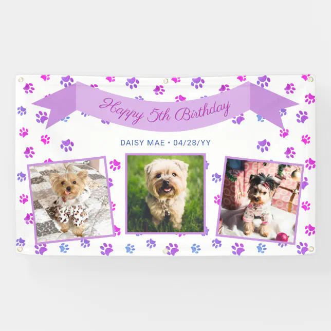Photo Collage Purple Pink Paw Prints Pet Birthday Banner | Zazzle