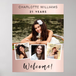 Photo collage rose gold birthday party welcome poster | Zazzle
