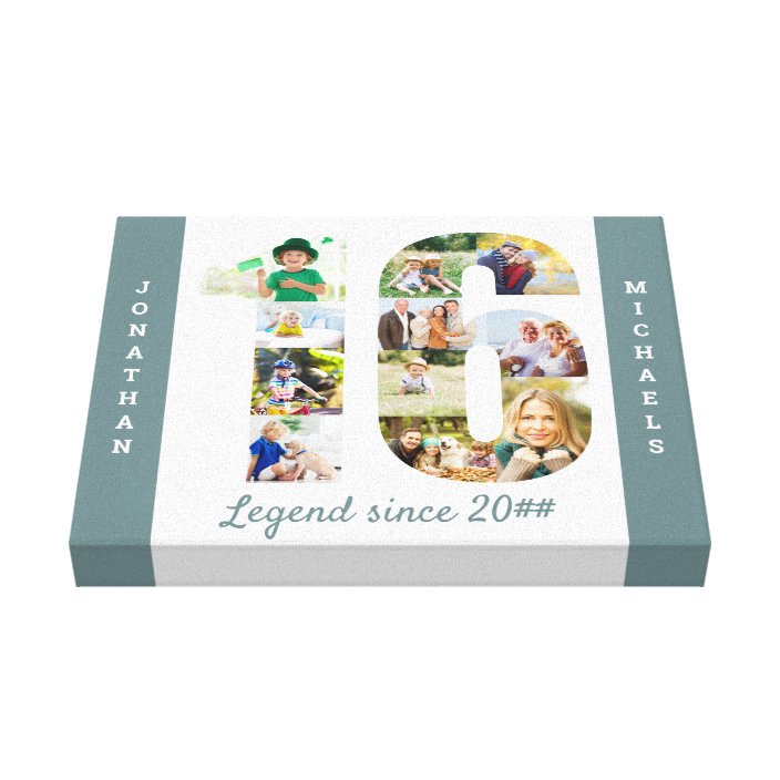 Photo Collage set in Number 16 Teal White Custom Canvas Print | Zazzle.com