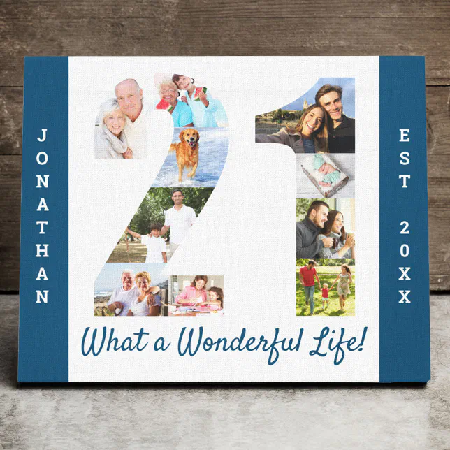 Photo Collage set in Number 21 Blue White Custom Canvas Print | Zazzle