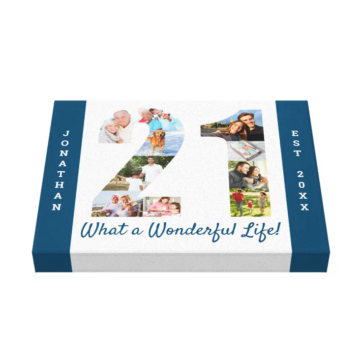 Photo Collage set in Number 21 Blue White Custom Canvas Print | Zazzle