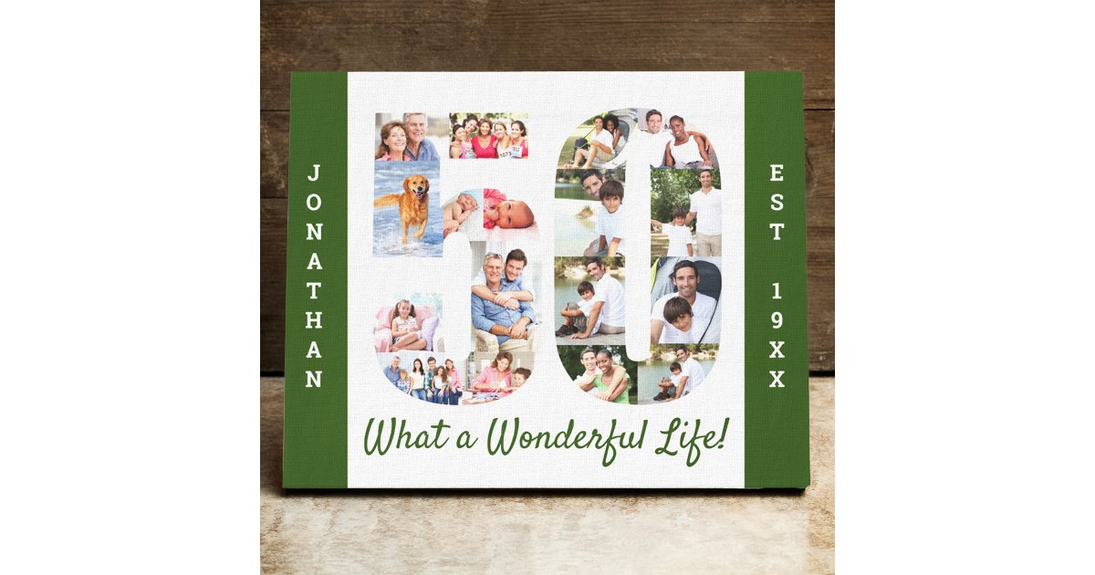 Photo Collage set in Number 50 Green White Custom Canvas Print | Zazzle