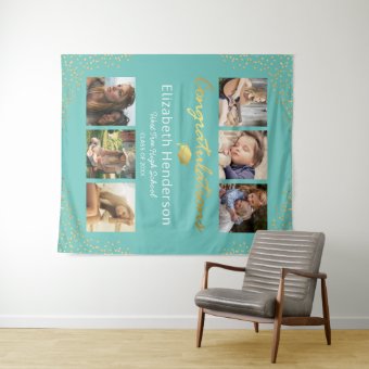 Photo Collage Teal Gold Graduation Backdrop | Zazzle