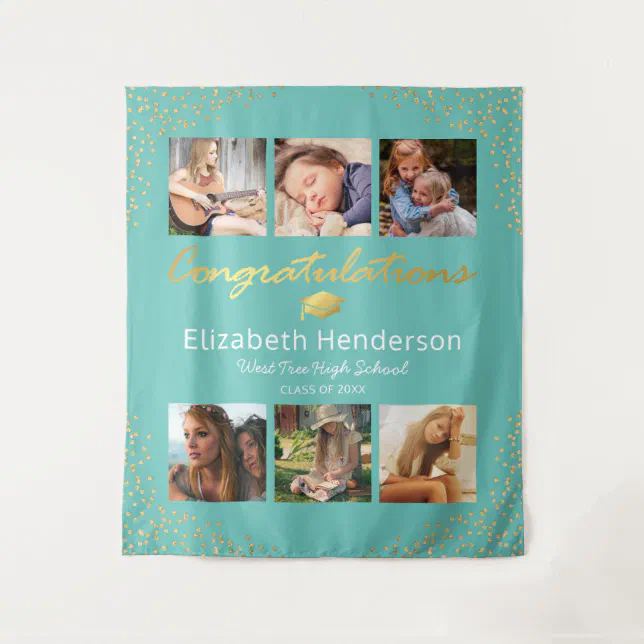 Photo Collage Teal Gold Graduation Backdrop | Zazzle
