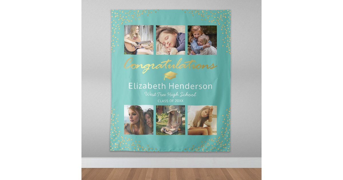 Photo Collage Teal Gold Graduation Backdrop | Zazzle